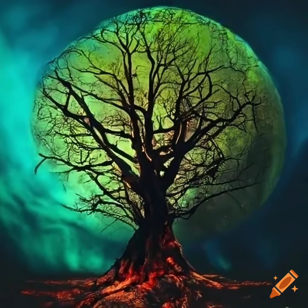 Mysterious black planetary tree with vibrant green flames and bloody veins on Craiyon