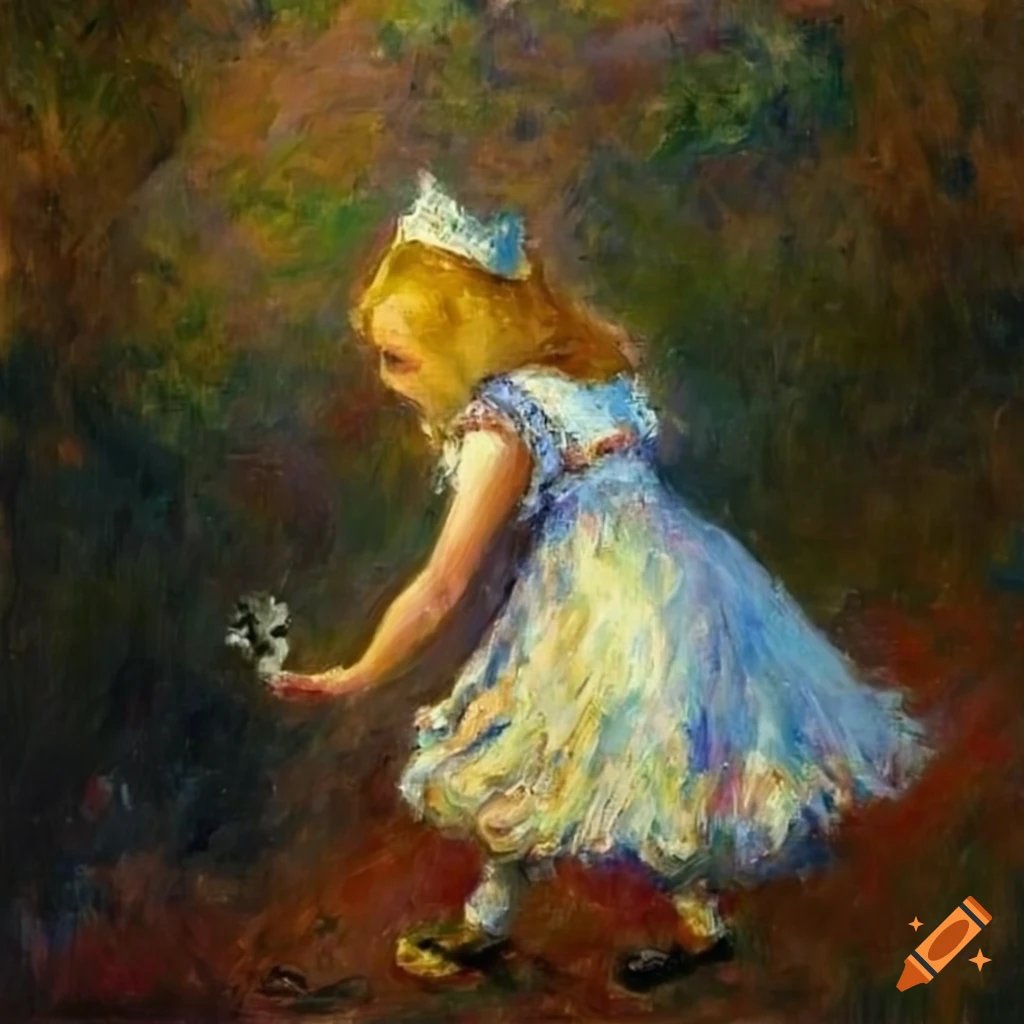 Impressionist style landscape with Alice in Wonderland chasing a white ...