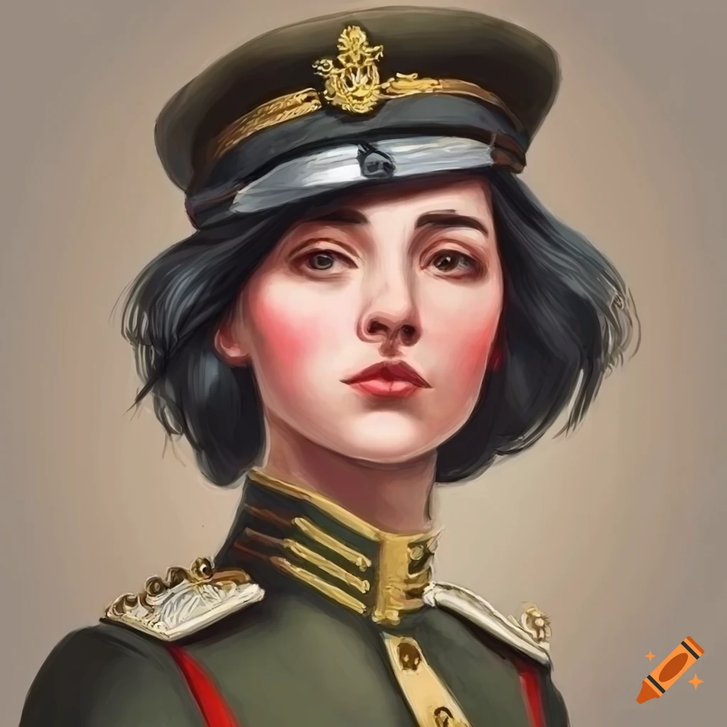 Illustrated portrait of a young woman in royal military uniform on Craiyon