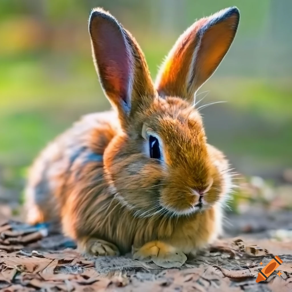 Fluffy orange bunny with tie-dye fur in a sunny outdoor setting on Craiyon