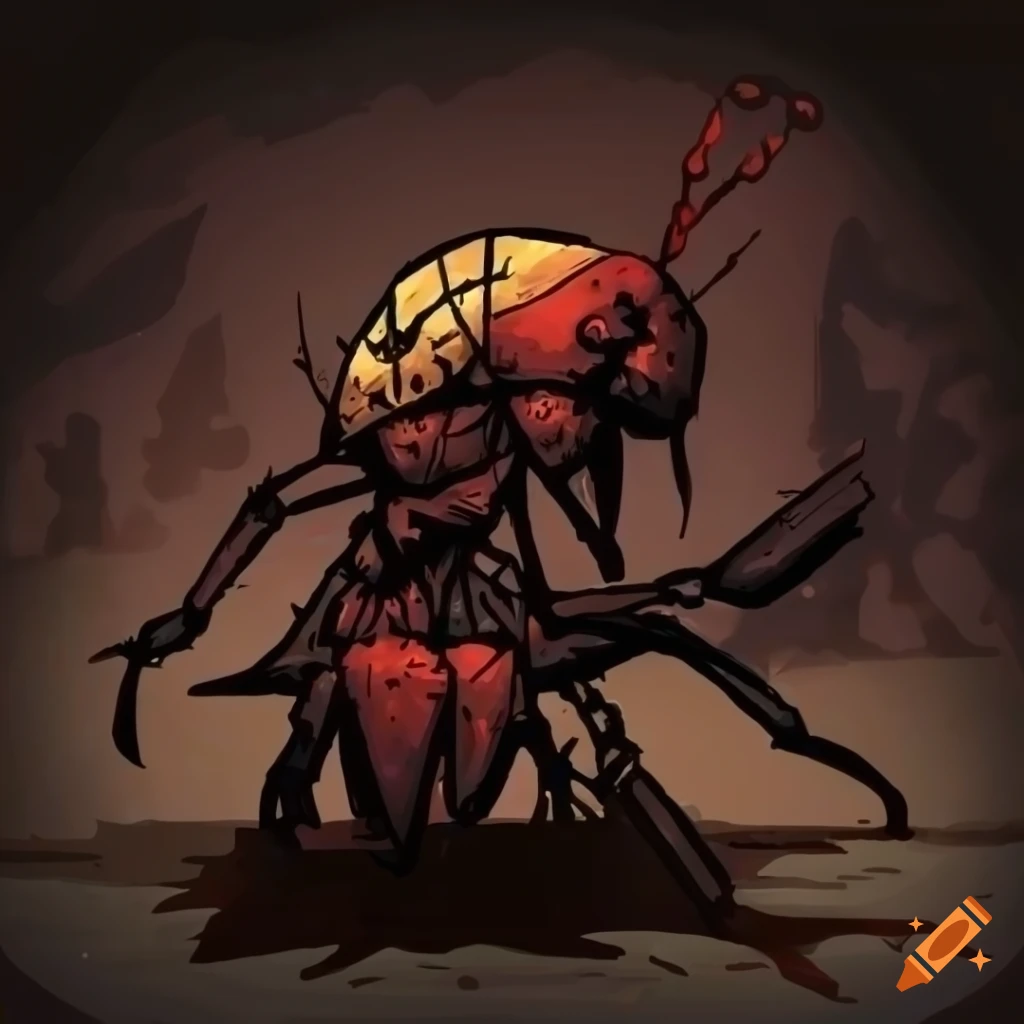 Dark fantasy humanoid insect ant with crab claws in darkest dungeon style, side view on Craiyon