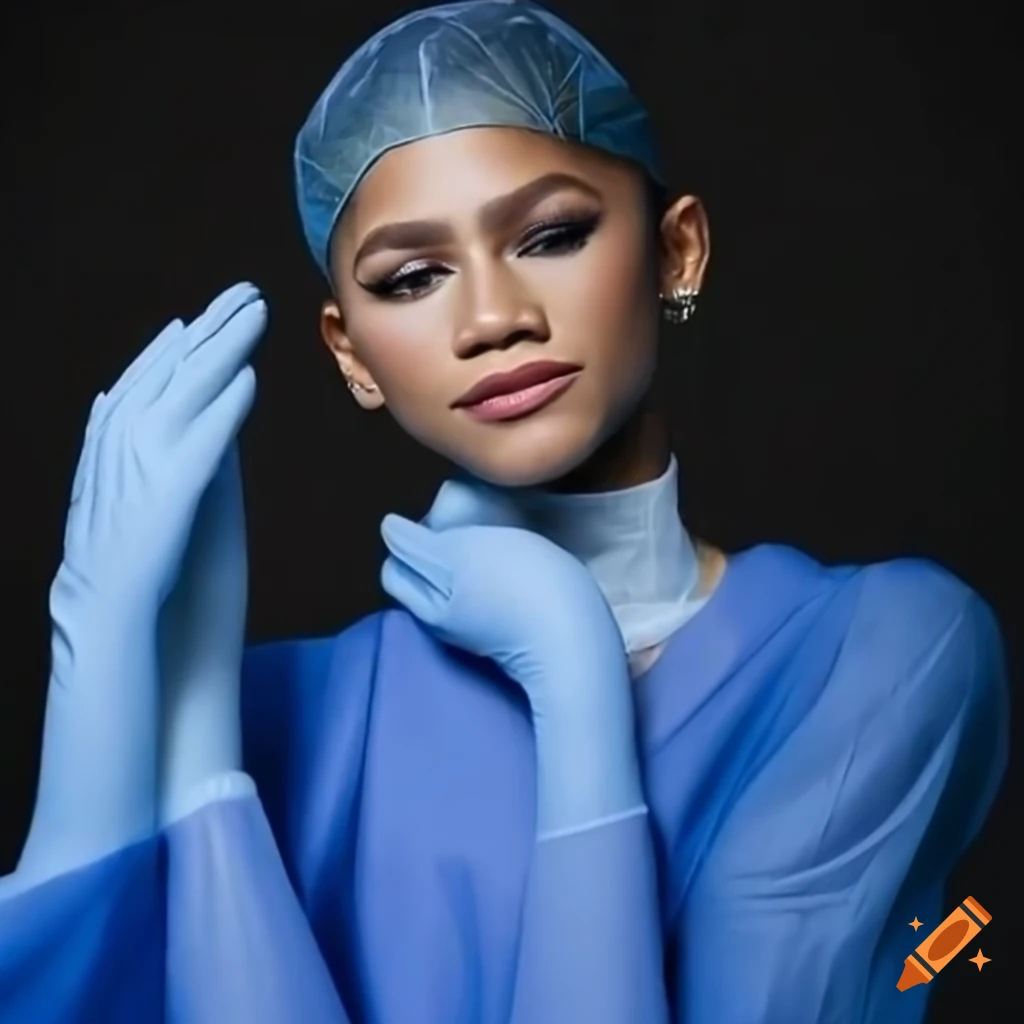 Zendaya wearing surgical gown, gloves, mask, and cap with loving eyes ...