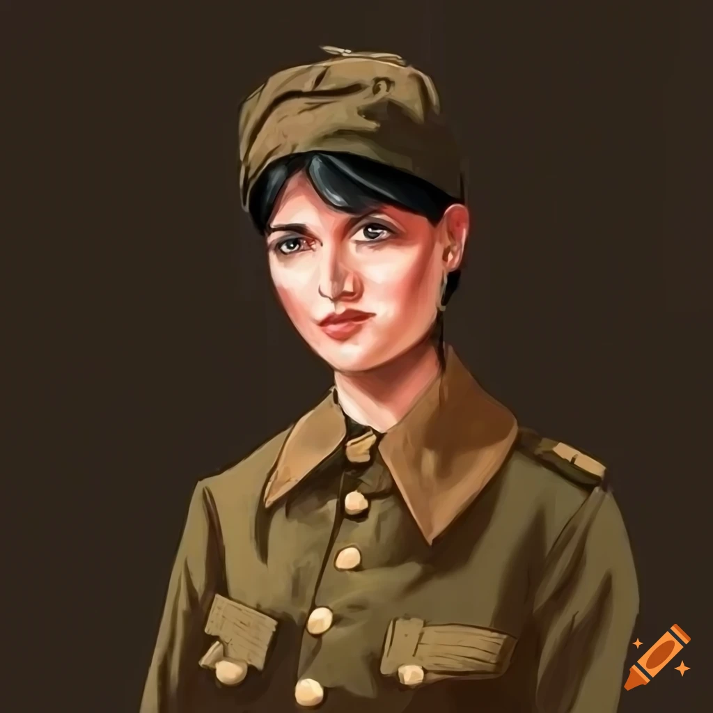 Illustrated portrait of a young woman in a wwii era military uniform on ...