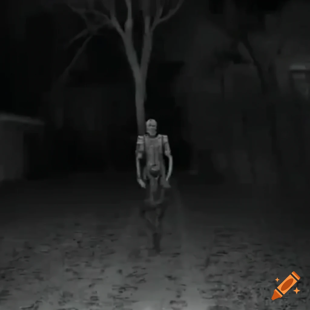 Night vision CCTV trail camera footage of a creepy humanoid creature in an old yard on Craiyon