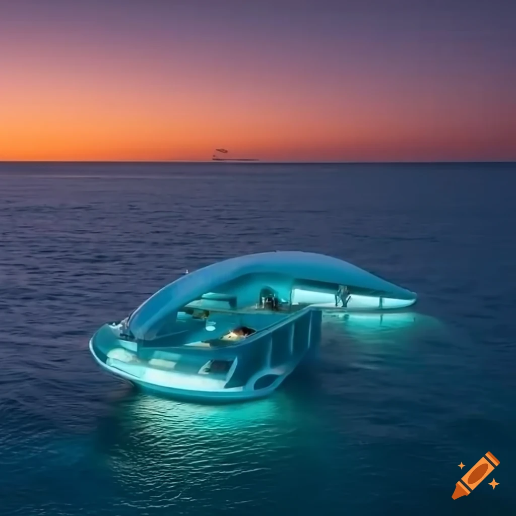 Futuristic high-tech laboratory boat in a lagoon at sunrise on Craiyon