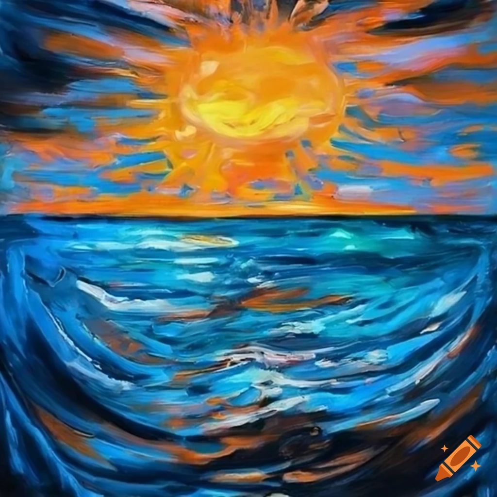 Blazing sun over the ocean painting by picasso on Craiyon