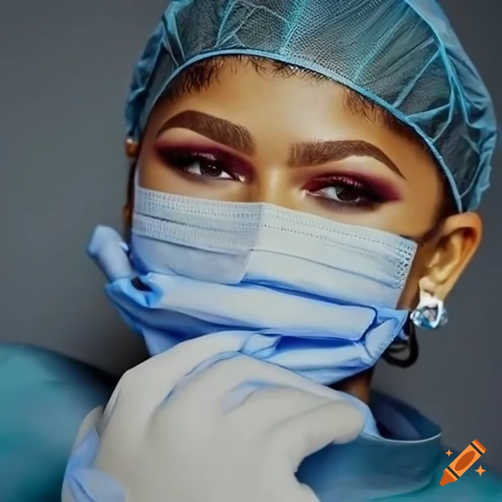 Zendaya in surgical gown, gloves, mask, and cap on Craiyon