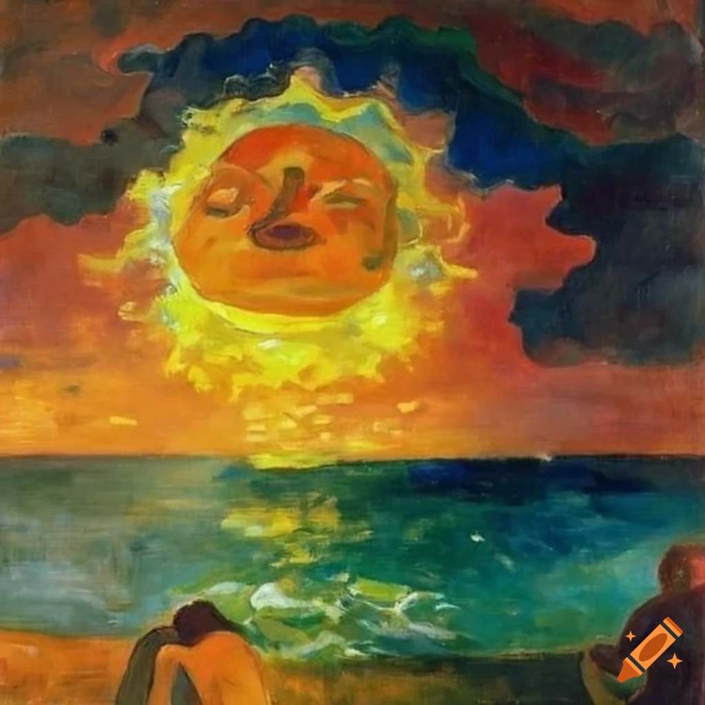 Blazing sun over the ocean painting by paul gauguin on Craiyon