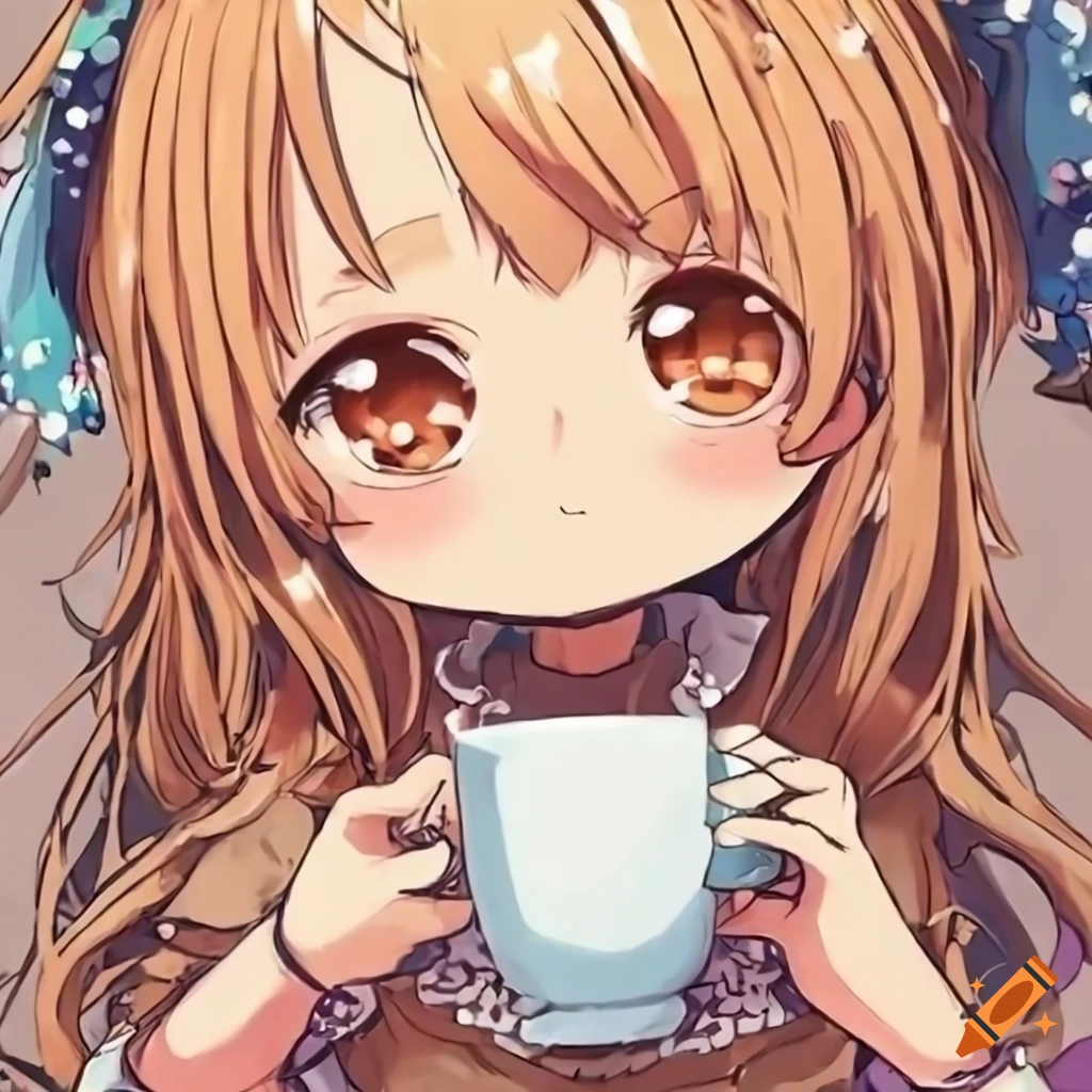 Anime chibi character standing and enjoying tea on Craiyon