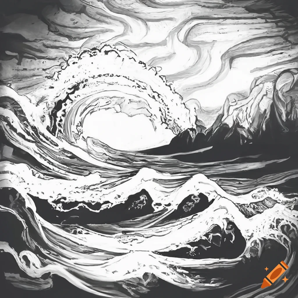 Ocean waves crashing into giant rocks in magic the gathering art style ...