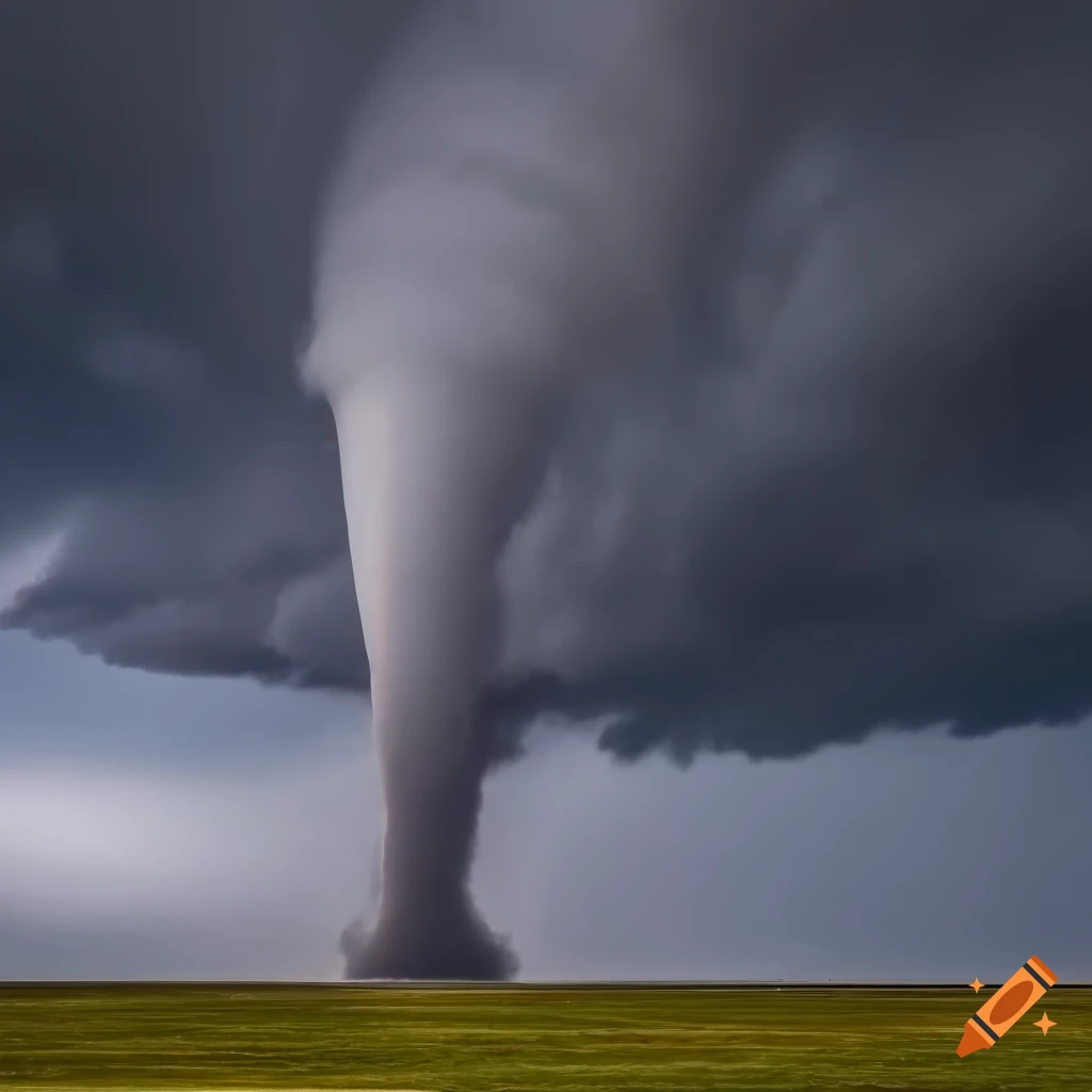 Massive mile-wide EF5 wedge tornado striking the plains with dark sky on Craiyon