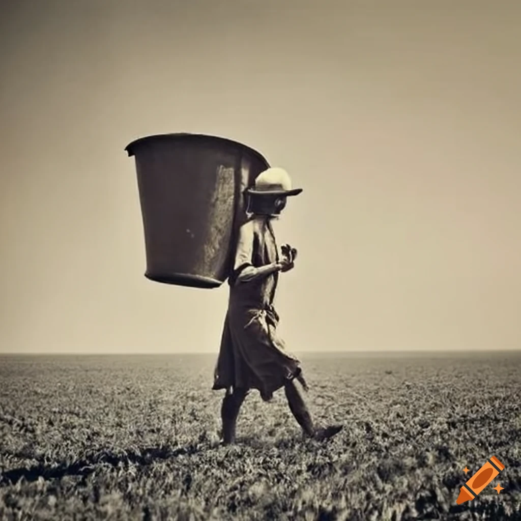 Farmers walking in a vast field carrying bucket yokes in vintage style ...