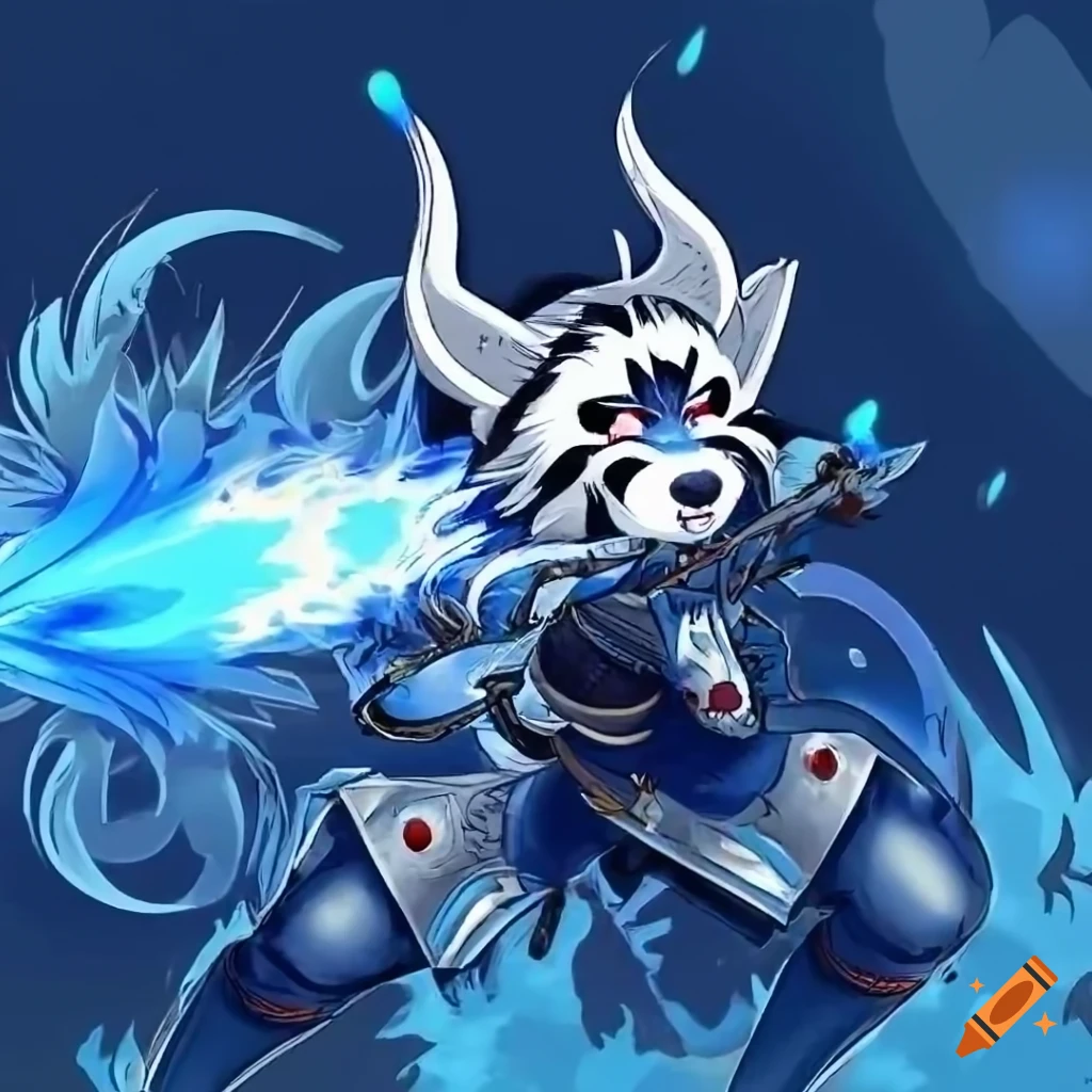 Sapphire blue and white fiery ghastly Hannya Red Panda yokai in ...