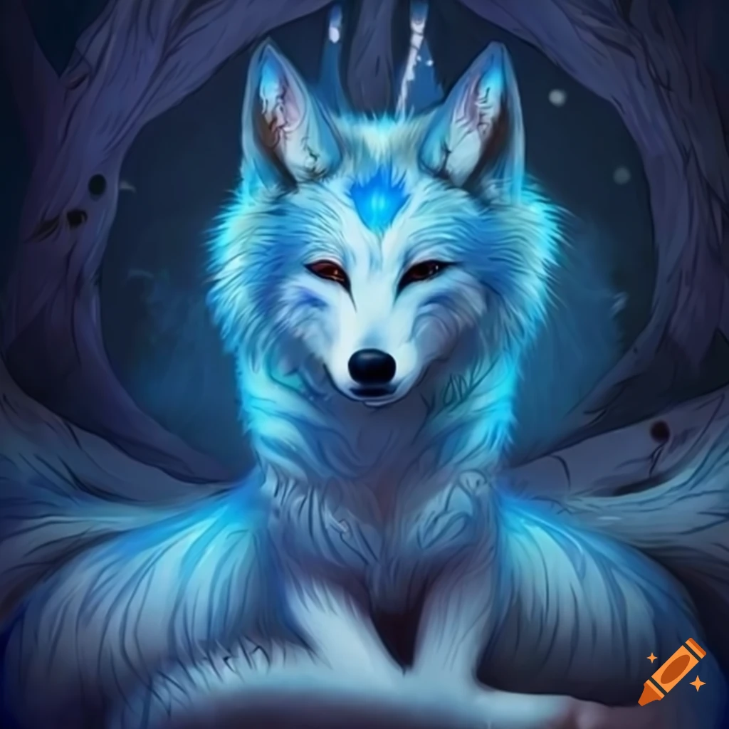 Mystical blue kitsune wolf on Craiyon