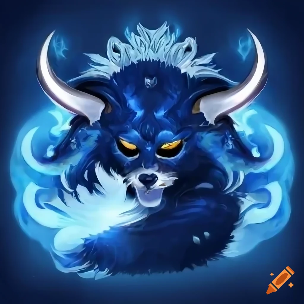 Fantastical royal blue and fiery red panda yokai character in anime art ...