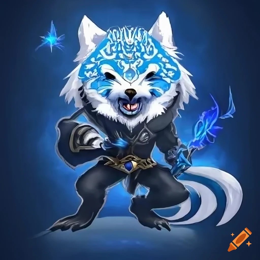 Fantastical ghastly hannya red panda yokai in sapphire blue, silver, and white colors on Craiyon