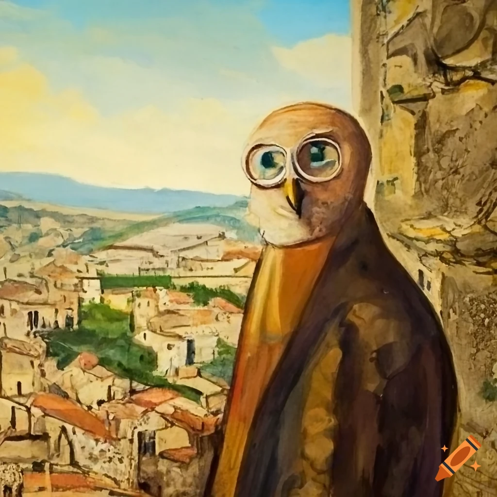 Bald owl-headed man with glasses in rural Sicilian landscape near Enna ...