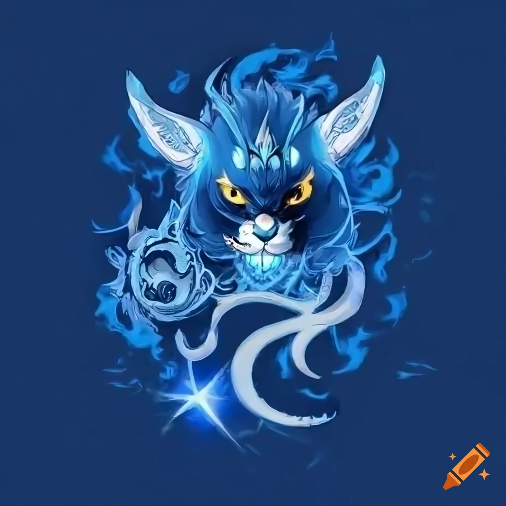 Royal blue fiery ghastly Hannya Red Panda yokai character in ...