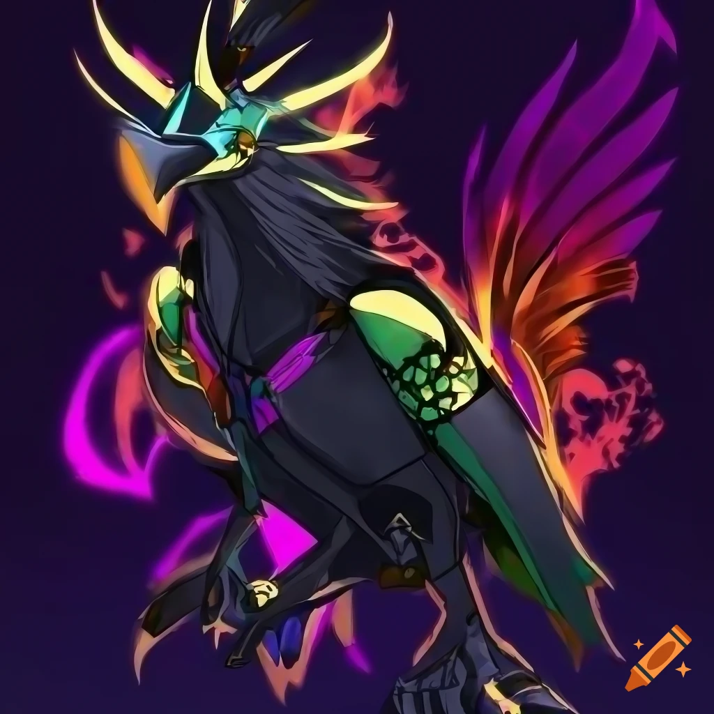 Heavily-stylised cybernetic hawk hybrid fursona character in anime and ...