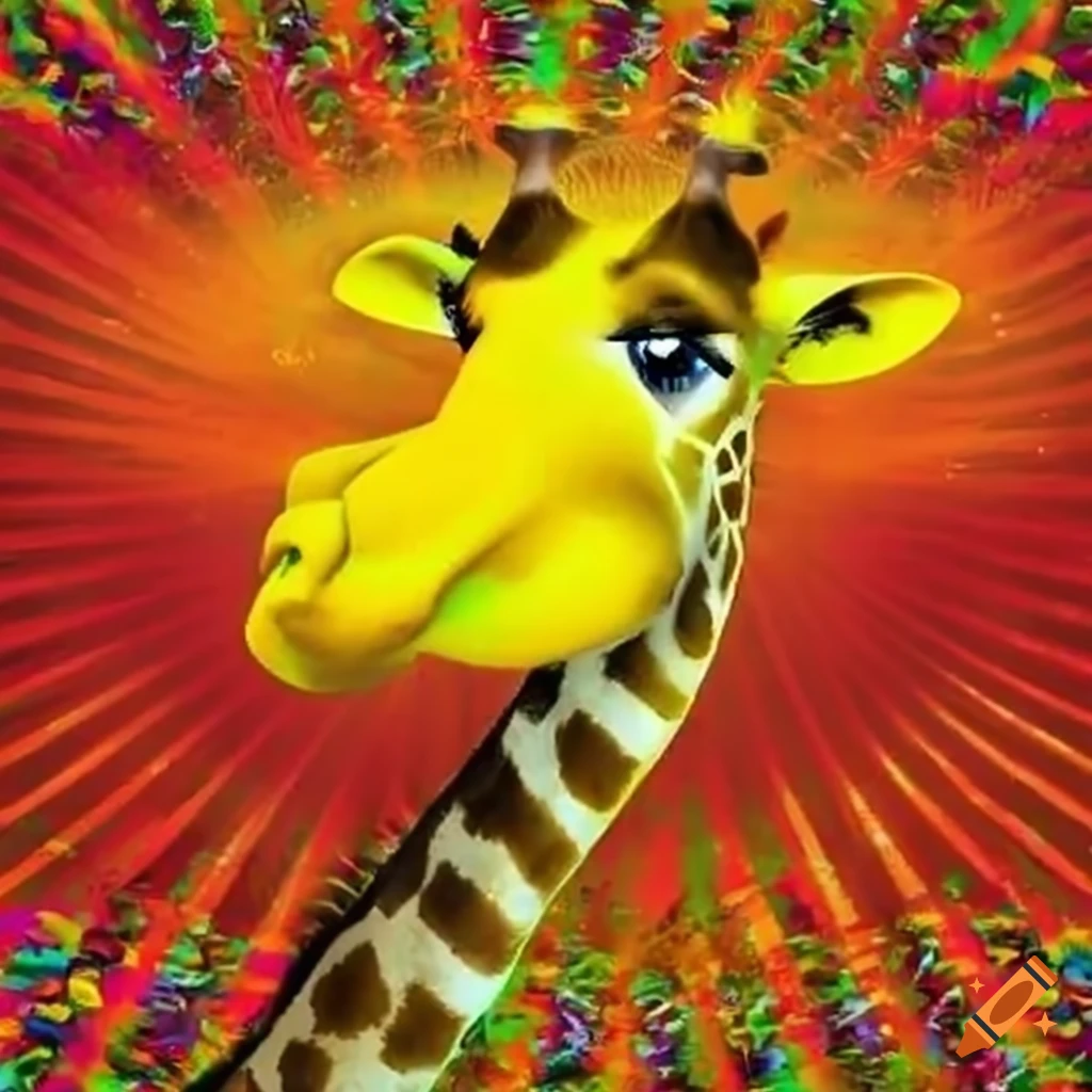 Playful yellow giraffe with round pupils in vibrant psychedelic ...