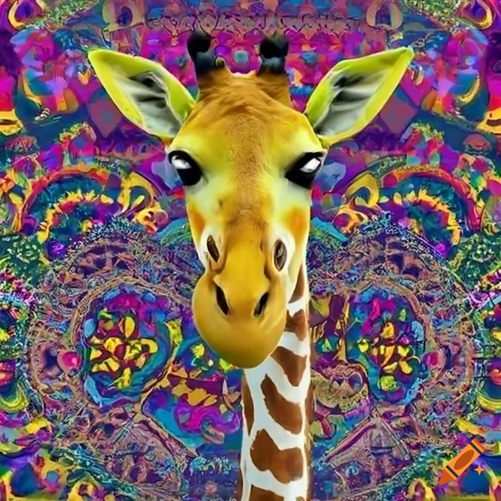 Playful yellow giraffe with round pupils and long neck in vibrant ...