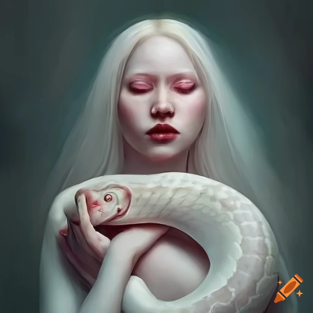 Albino woman with a white snake in surrealistic art on Craiyon