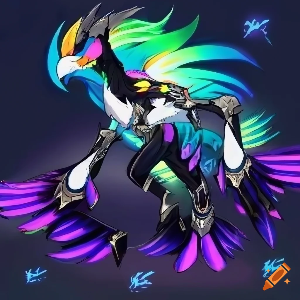 Futuristic hawk secretarybird archaeoraptor hybrid fursona character in ...