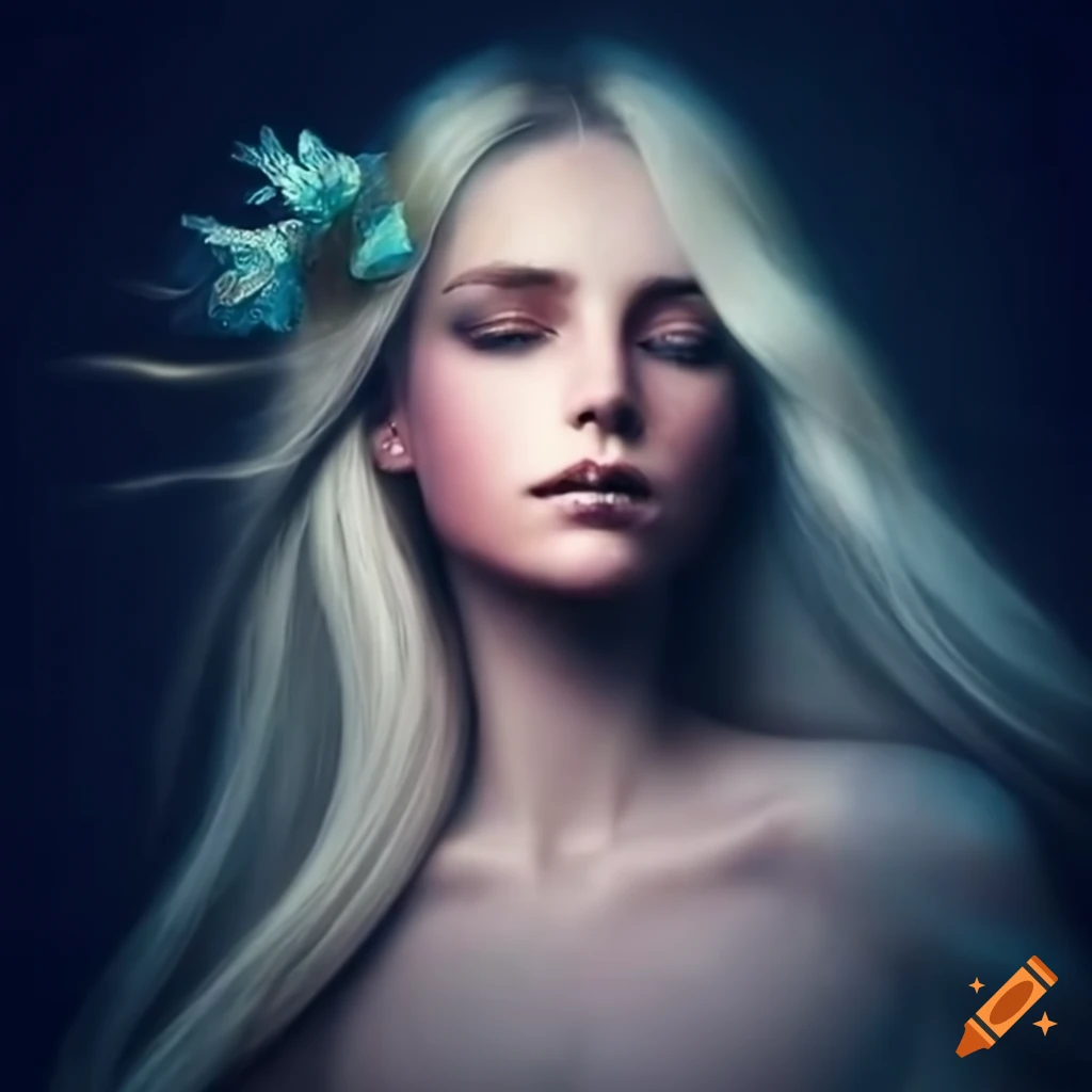 Blonde woman transcending to a mystical ethereal world on Craiyon