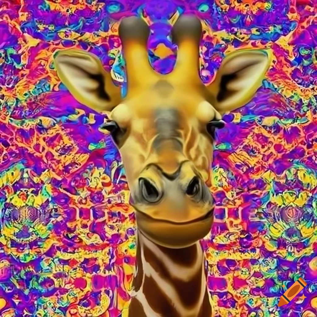 Playful giraffe character in a vibrant psychedelic setting on Craiyon