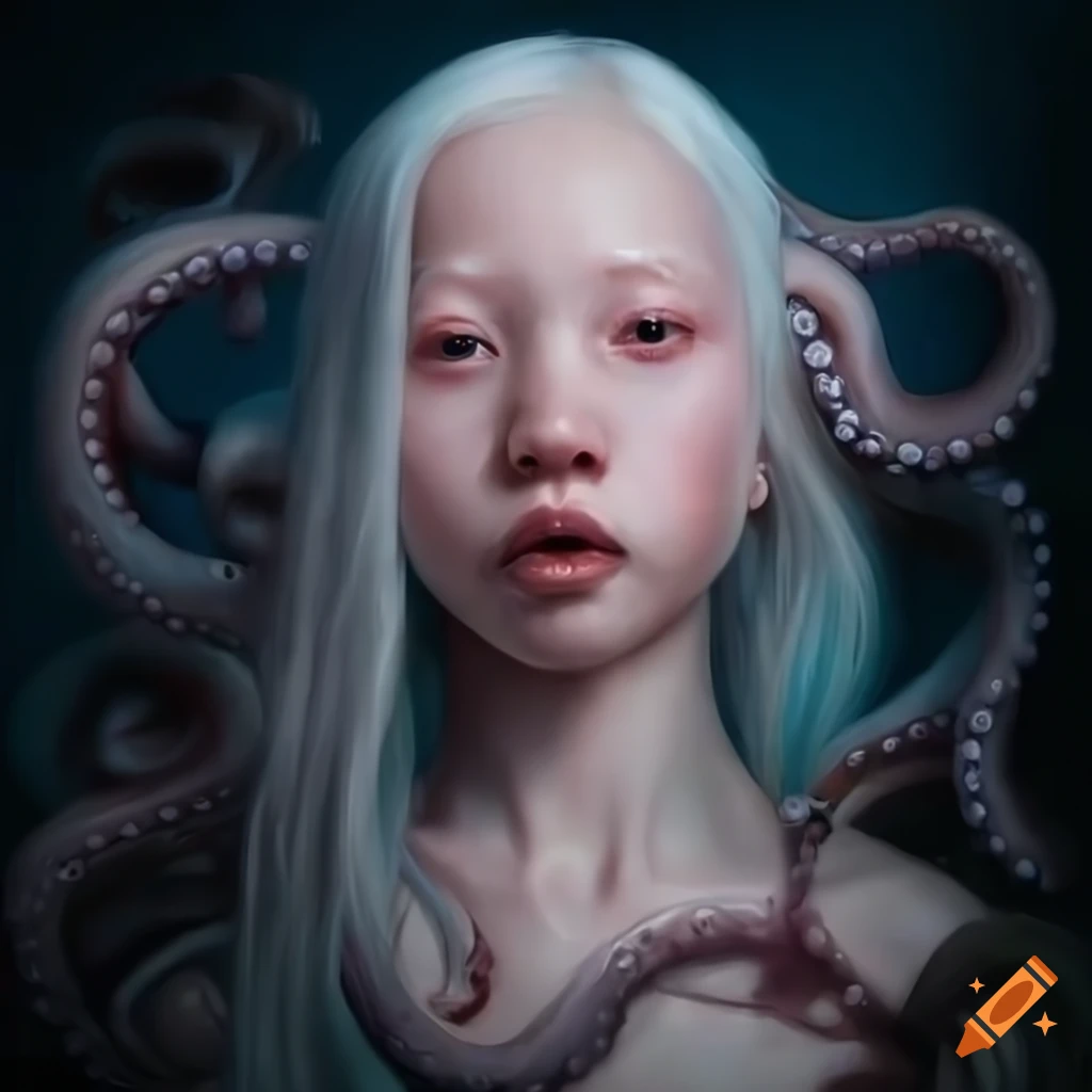 Albino girl surrounded by octopus tentacles in hyper-realistic style on ...
