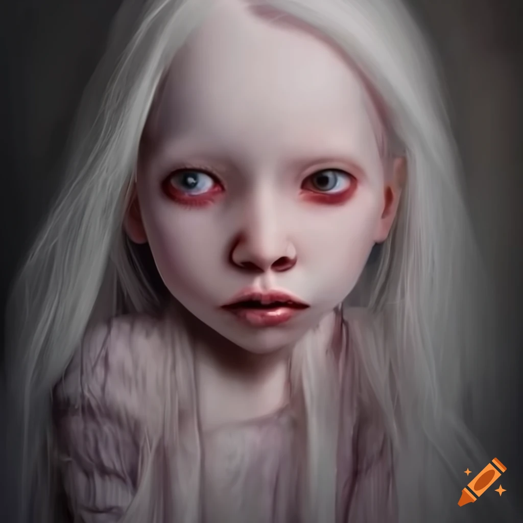 Albino girl with ventriloquist puppet-like appearance in hyper ...