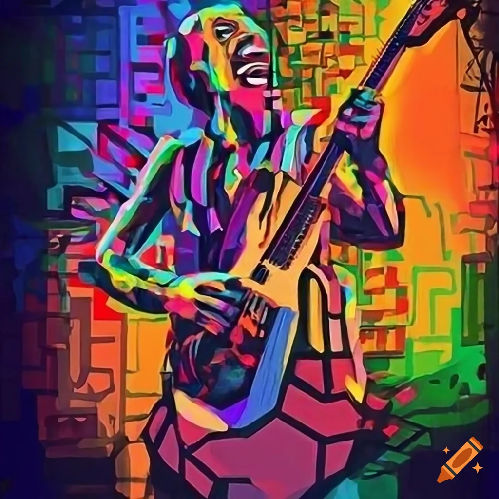 Chicken band playing rock music in abstract cubic art 70s poster on Craiyon