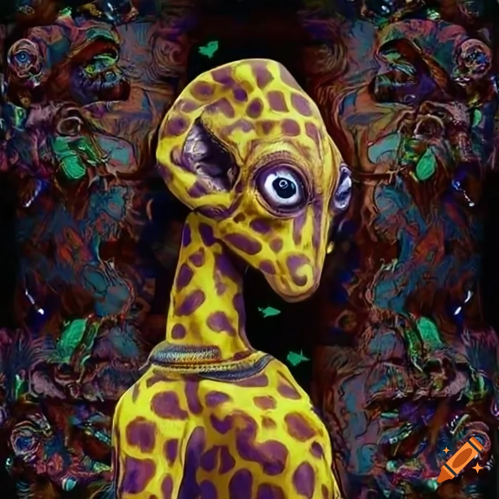 Giraffe alien in star trek uniform on a psychedelic background on Craiyon