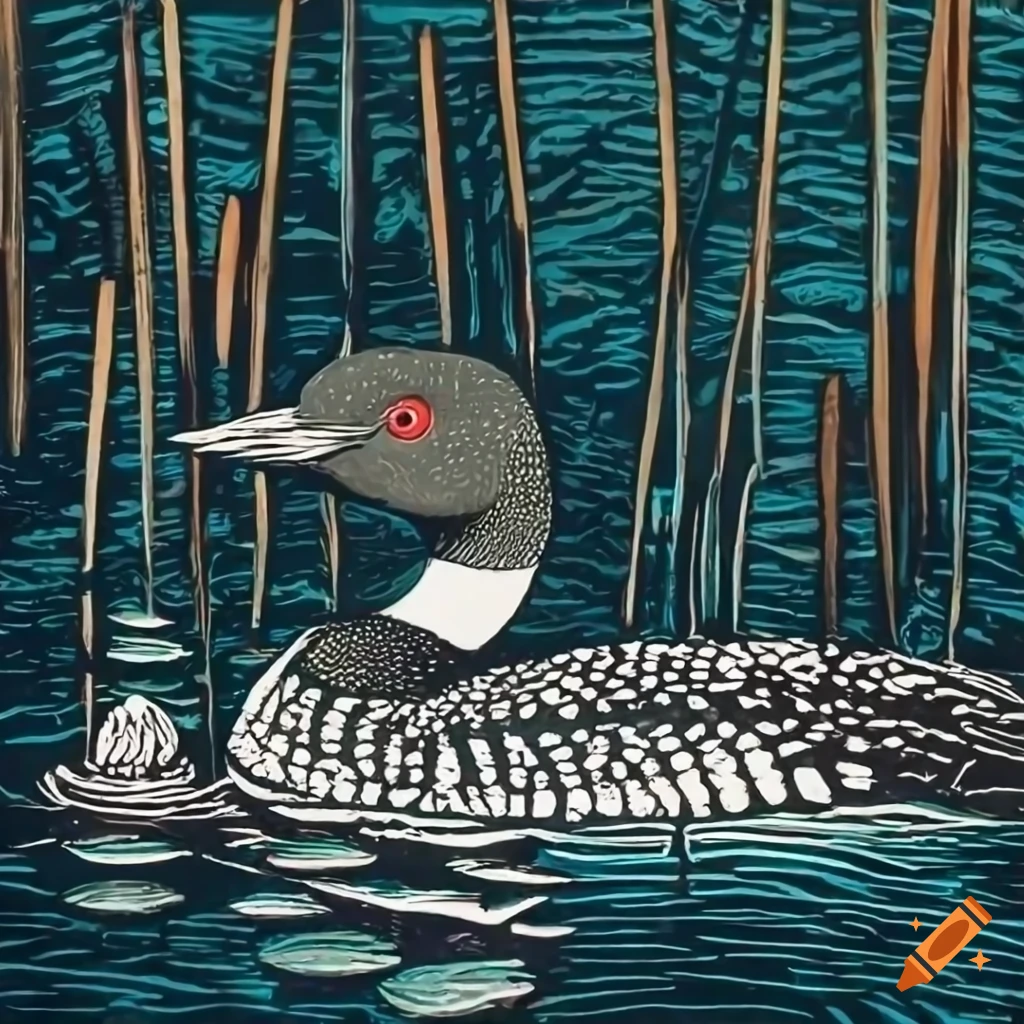 Intricate linocut art of loon, lake, reeds, and water lilies in high ...
