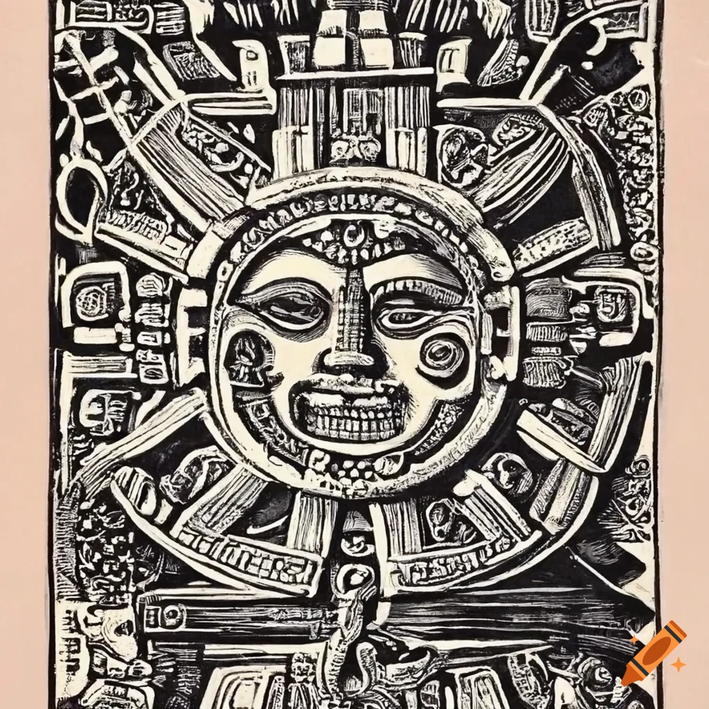 Aztec sun stone linocut engraving from the 1800s on Craiyon
