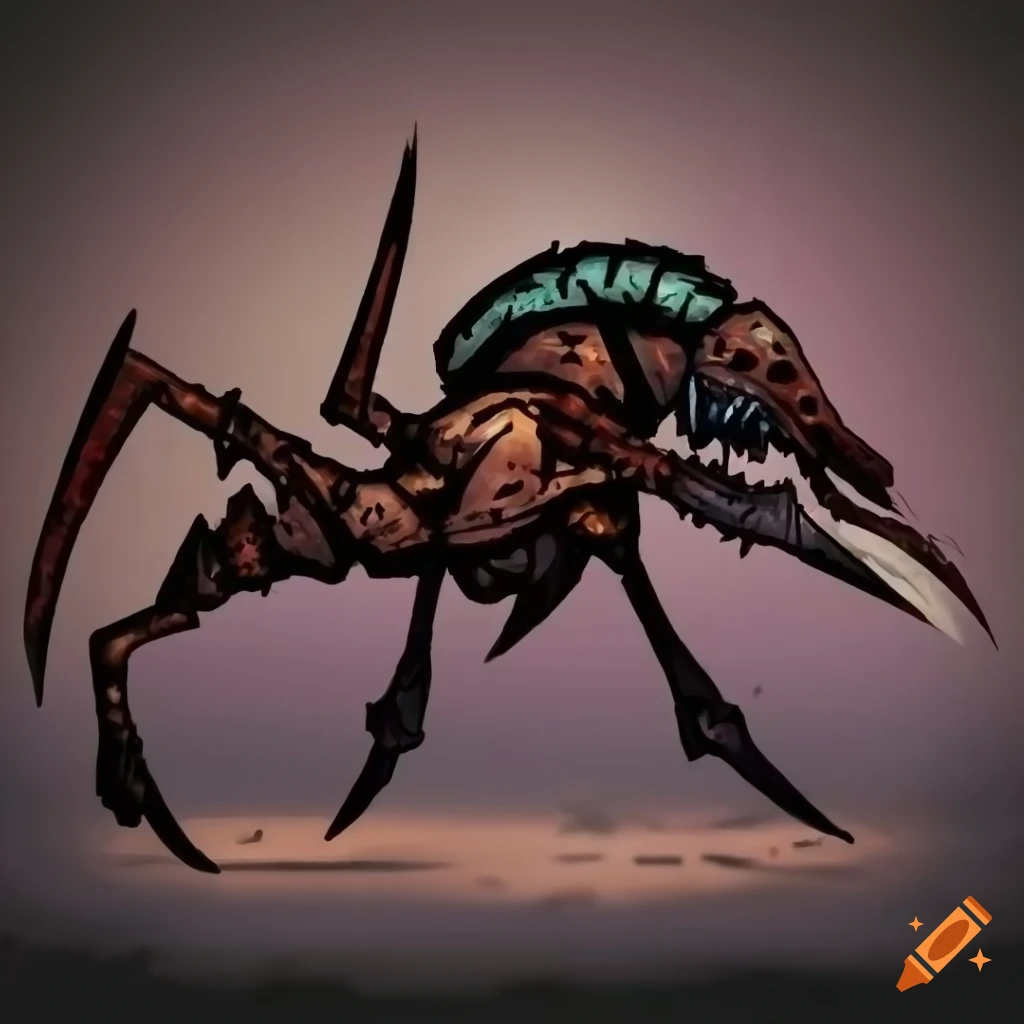Bipedal ant with Tyranid design in Darkest Dungeon style, side view on ...