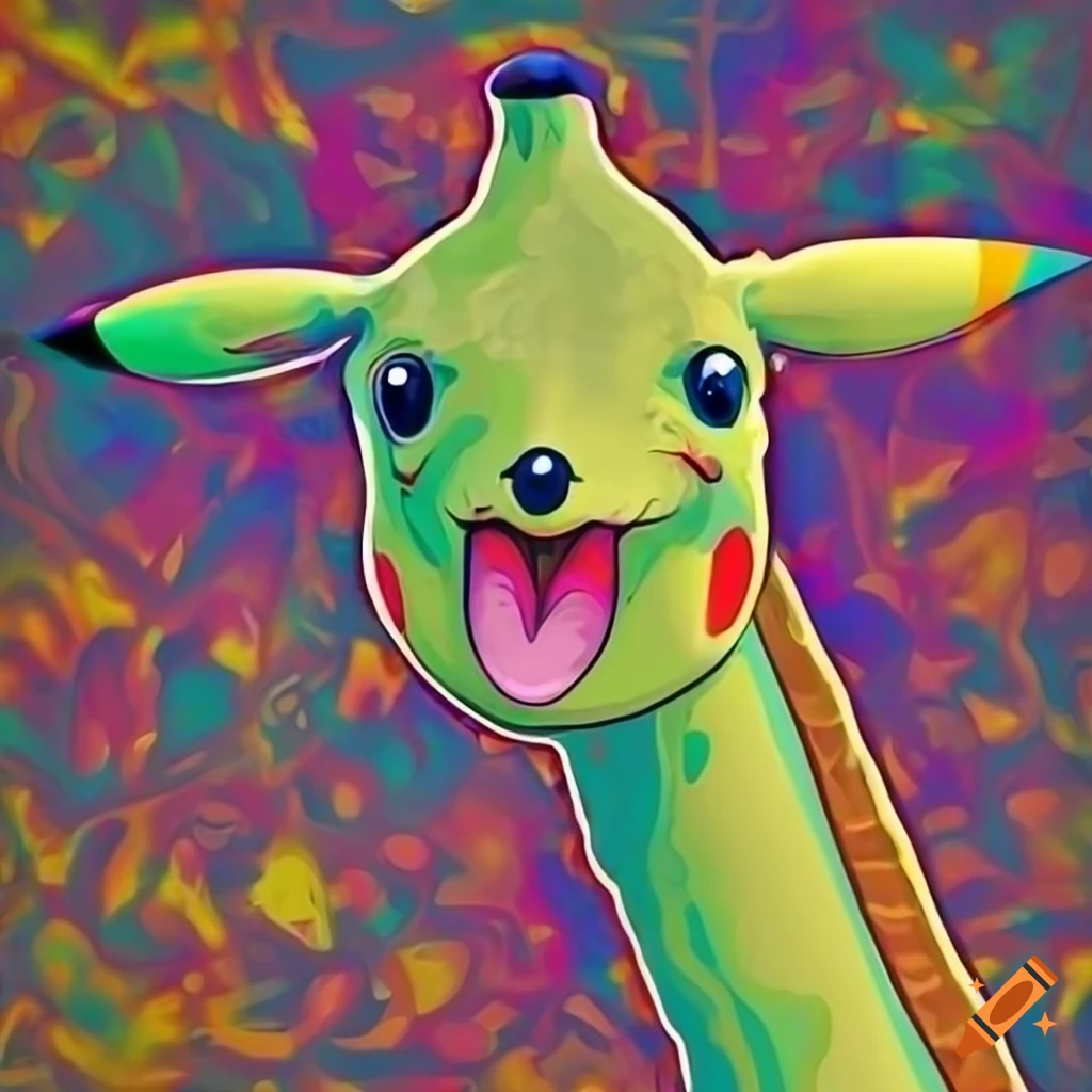 Smiling giraffe resembling Pikachu in colorful and surreal pop art ...