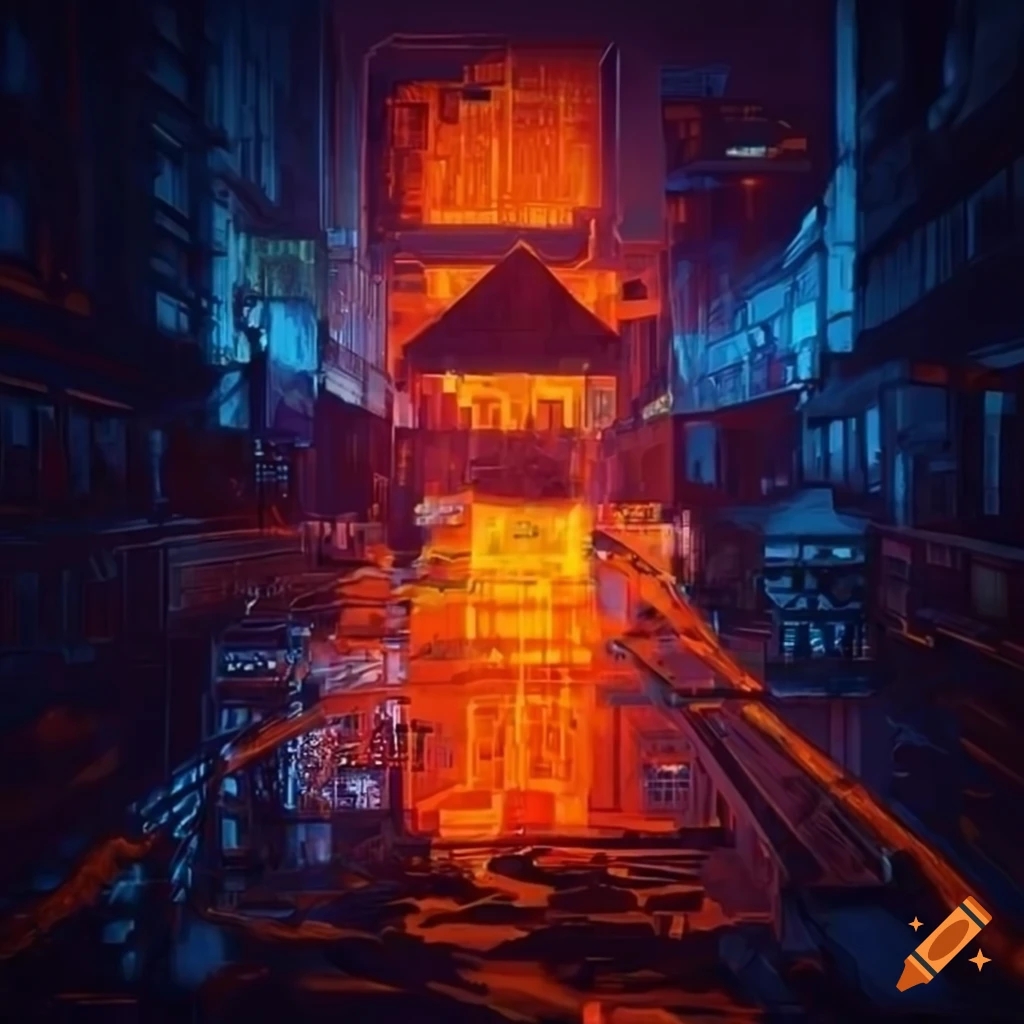 Cyberpunk artwork with intense orange and cyan hues on Craiyon