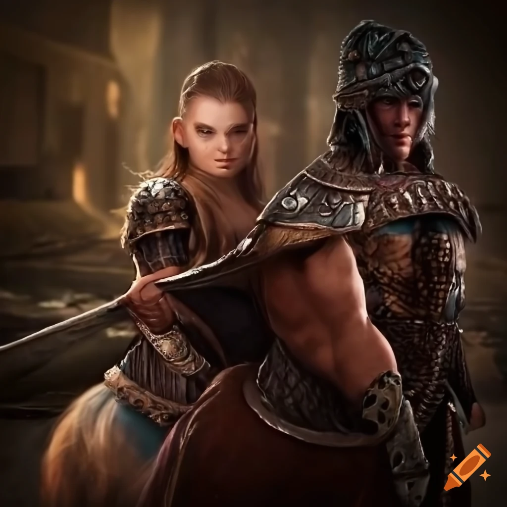 Two centaur warriors in a city with a mother and daughter duo on Craiyon