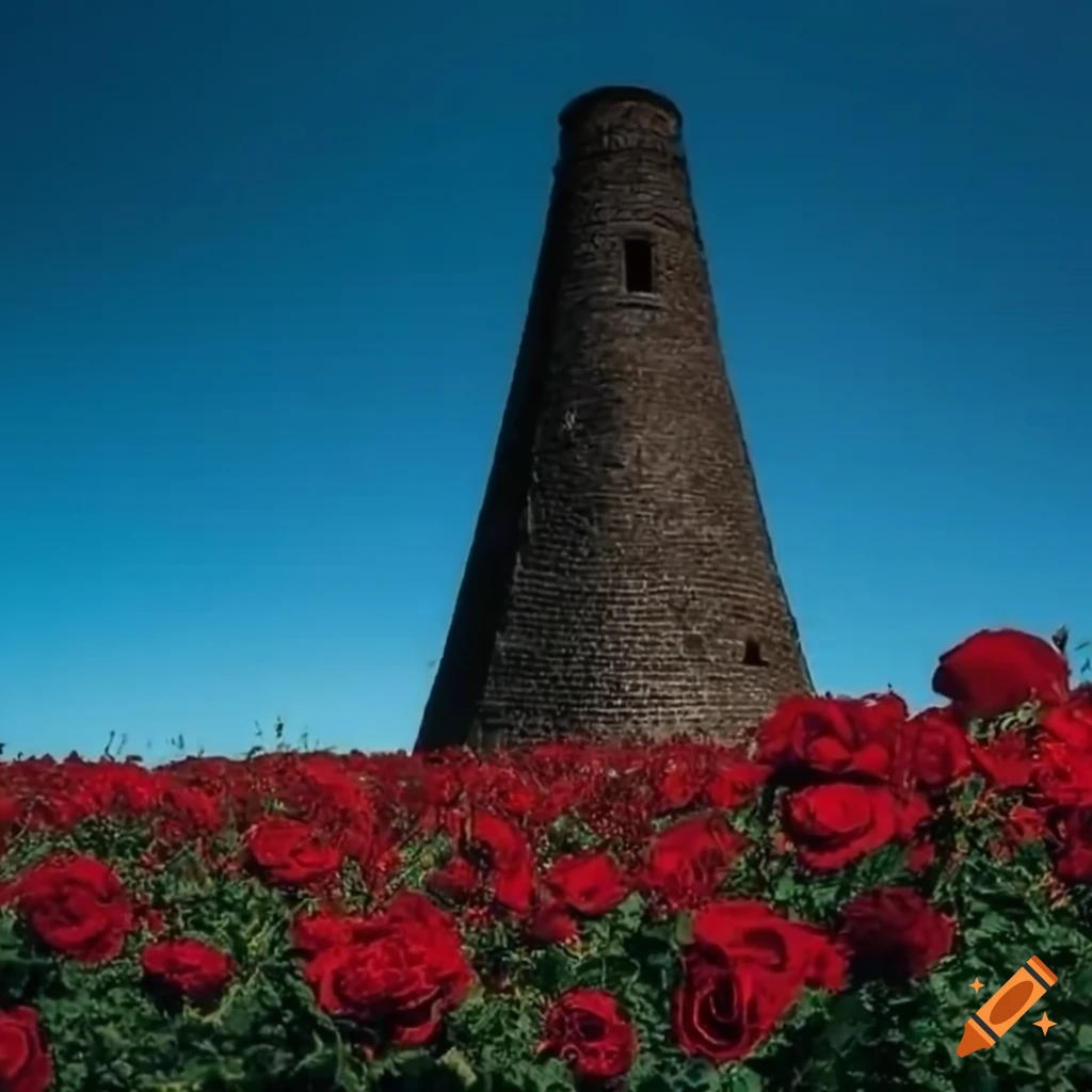 Dark circular tower amidst red roses in a sunny field on Craiyon