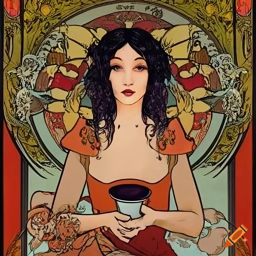 Tarot Card Design Inspired By Alphonse Mucha With A Woman Holding A Cup