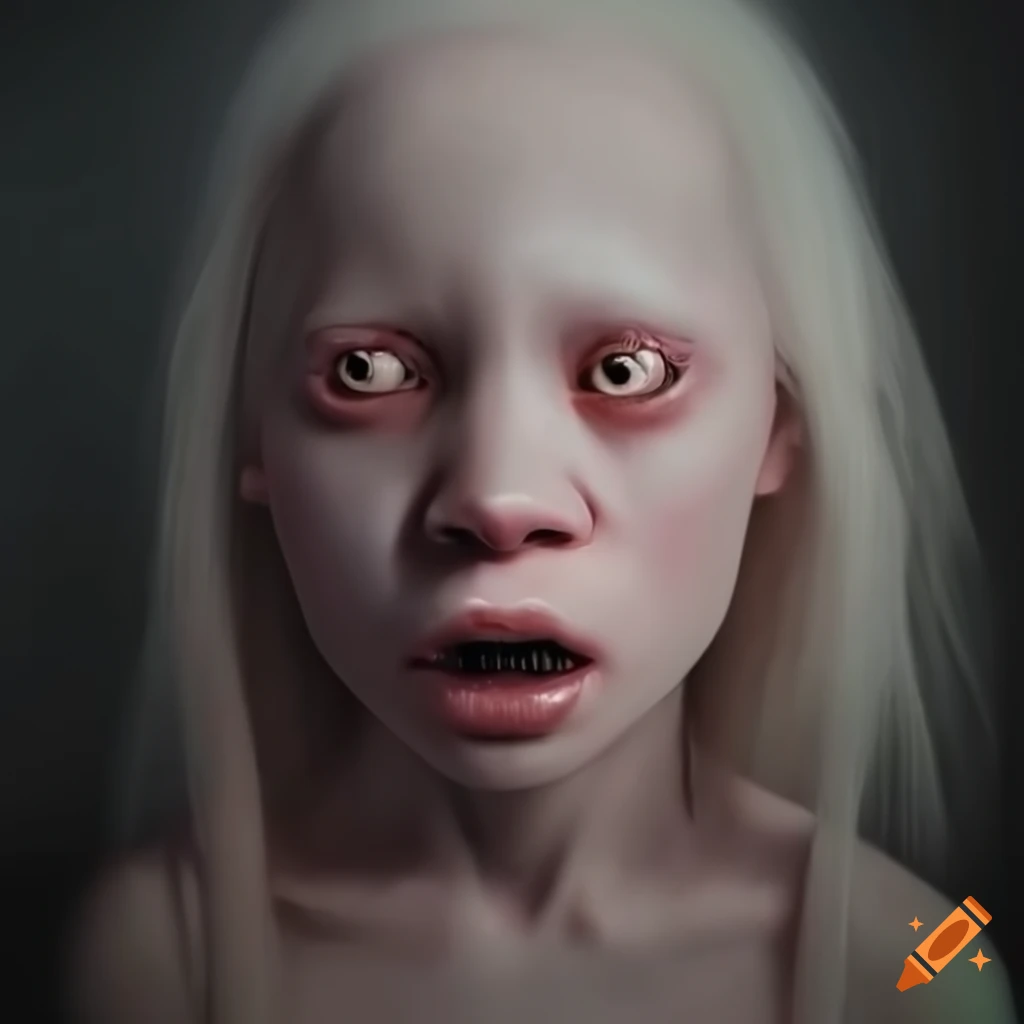Hyper realistic depiction of a creepy albino girl with teeth on Craiyon