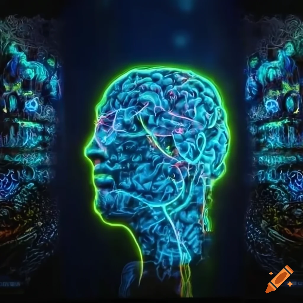 Digital psychology concept in neon street art style with interconnected ...