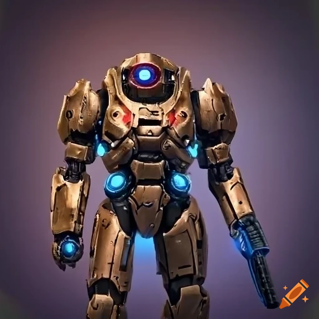 Detailed skinny robot in Starcraft Terran style with a red camera lens ...