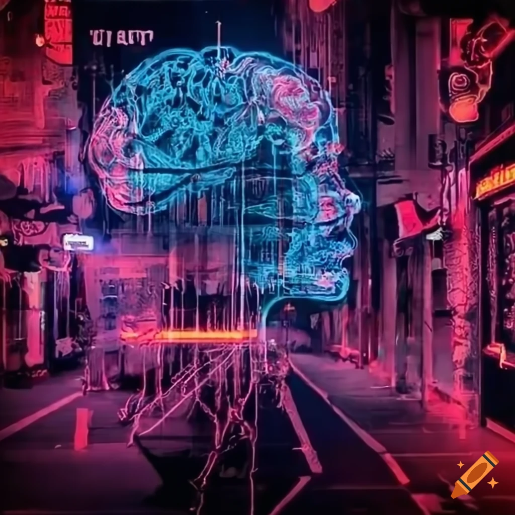 Neon street art style with interconnected brain cells and data streams ...