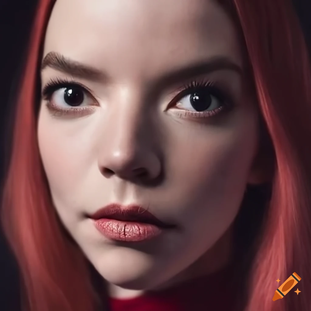 Close-up portrait of actress Anya Taylor-Joy in red velvet attire on ...