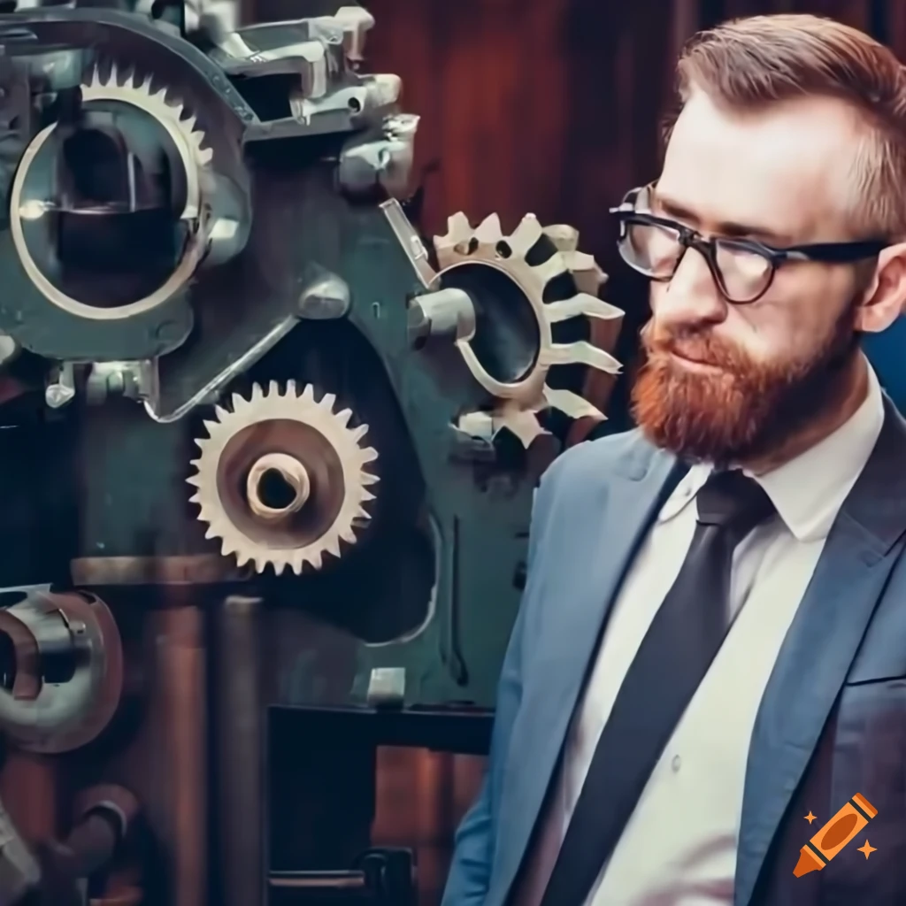 Engineer examining gears of large vintage machinery on Craiyon
