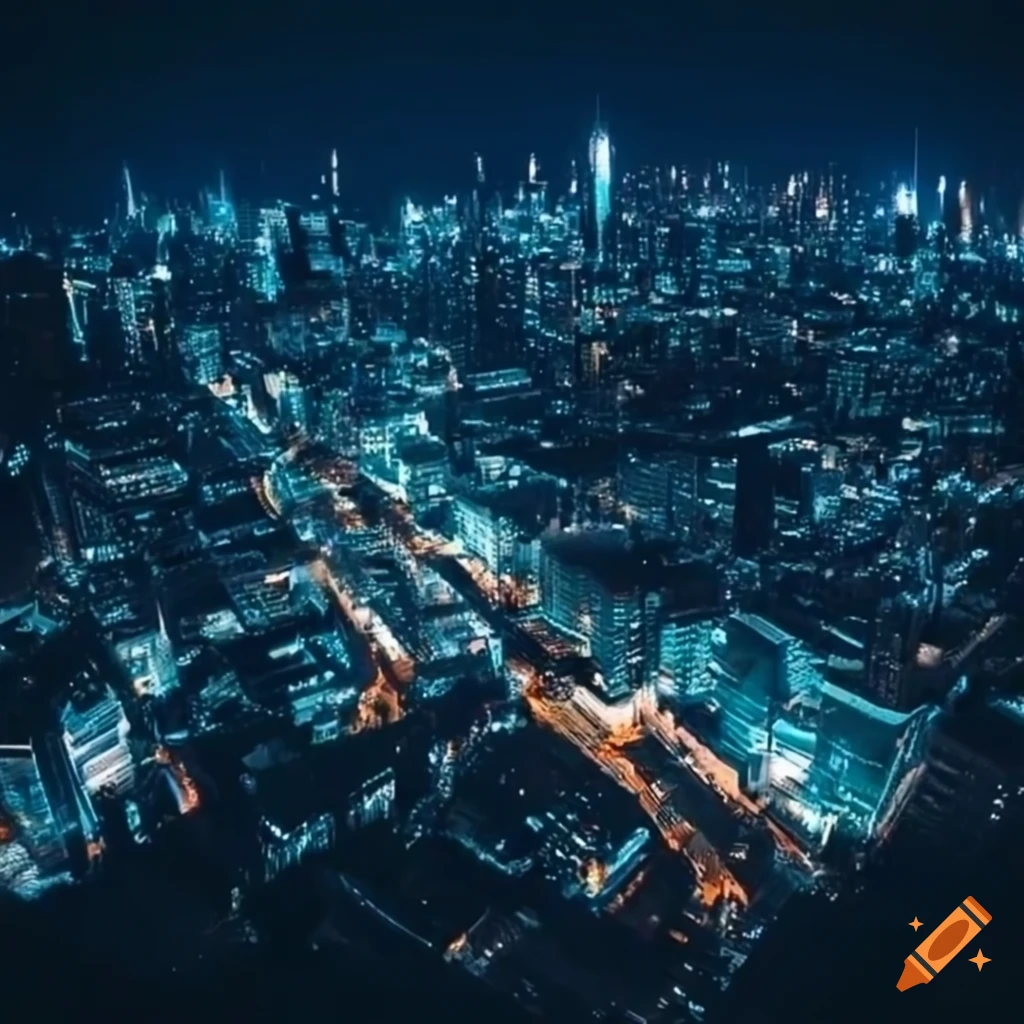 Aerial view of a city at night with blue tint on Craiyon