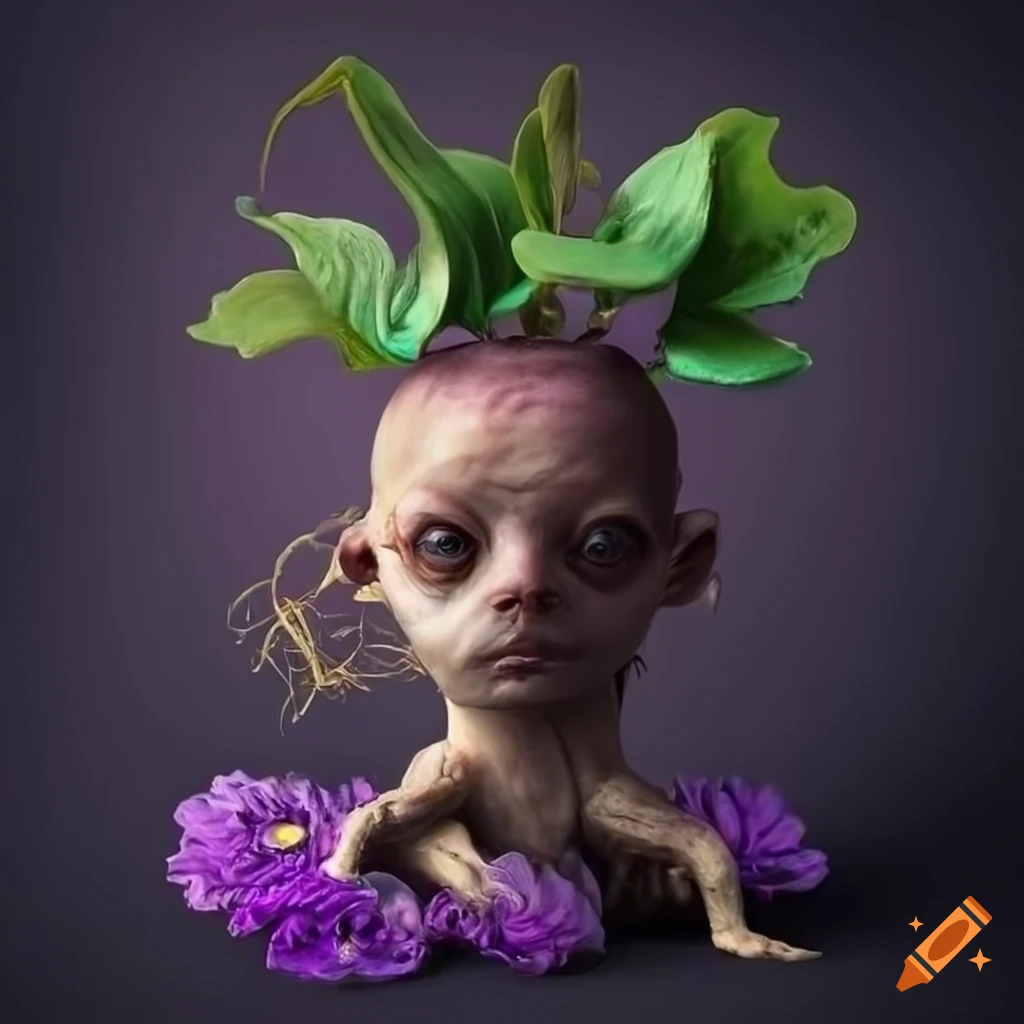 Baby mandrake root creature with big leaves and purple flowers on Craiyon