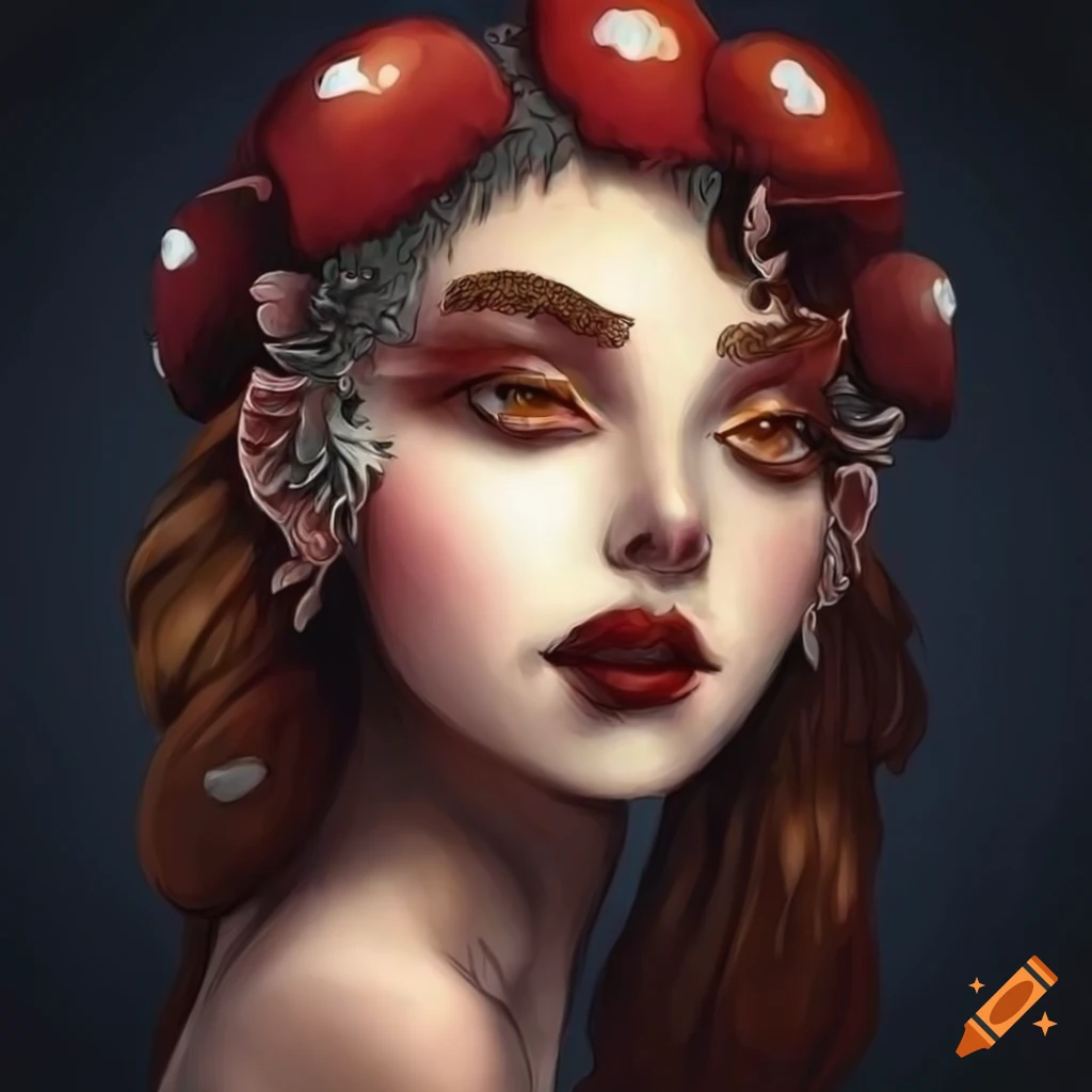 Illustration of a mythical female head with mushrooms growing from it ...